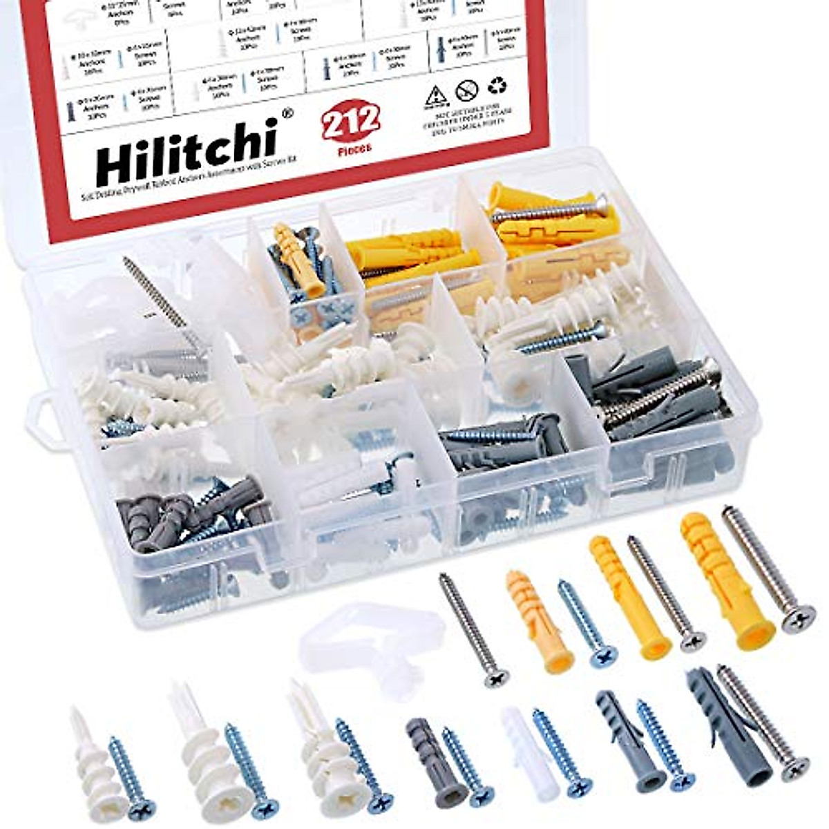 Hilitchi 212-Pcs [11-Sizes] Plastic Drywall and Hollow-Wall Anchor with Screws Assortment Kit, Wall Anchor Hooks Toggle Set