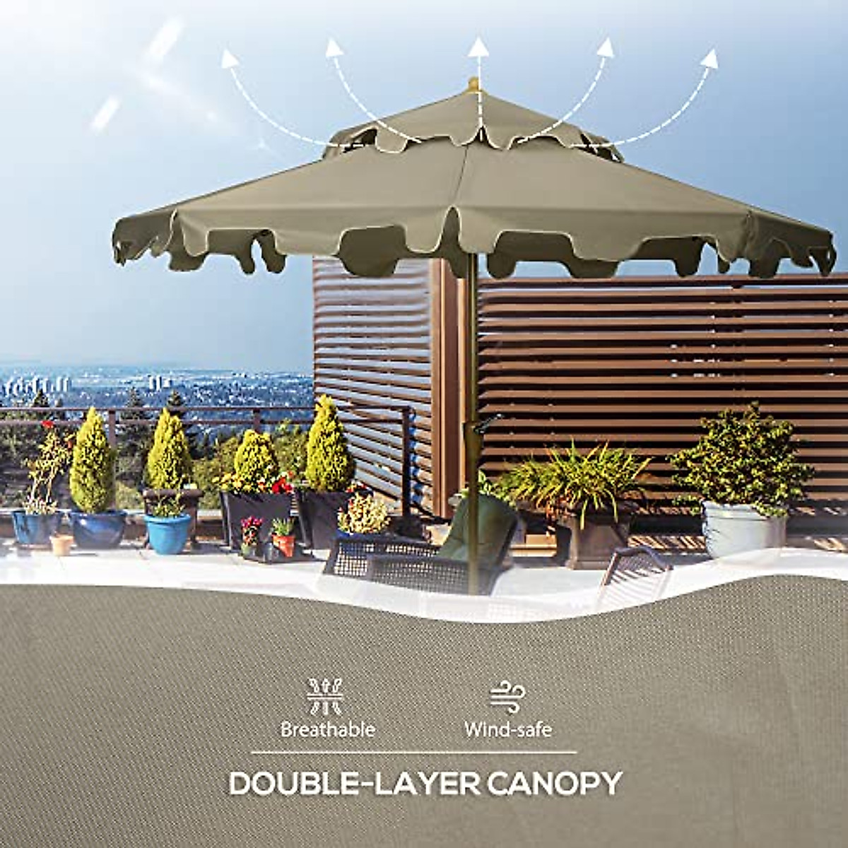 Outsunny 9' Patio Umbrella with Push Button Tilt and Crank, Double Top Ruffled Outdoor Market Table Umbrella with 8 Ribs, for Garden, Deck, Pool, Brown