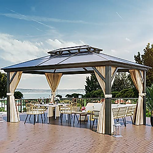 YITAHOME 12x16 FT Gazebo Hard-Top Double Roof Canopy Outdoor with Netting and Shaded Curtains, Aluminum Frame Polycarbonate Hardtop Garden Tent for Patio, Backyard, Deck and Lawns, Brown