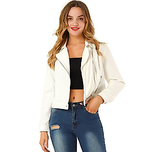 Allegra K Women Biker Notched Lapel Asymmetric Zip Moto Denim Jackets Small White