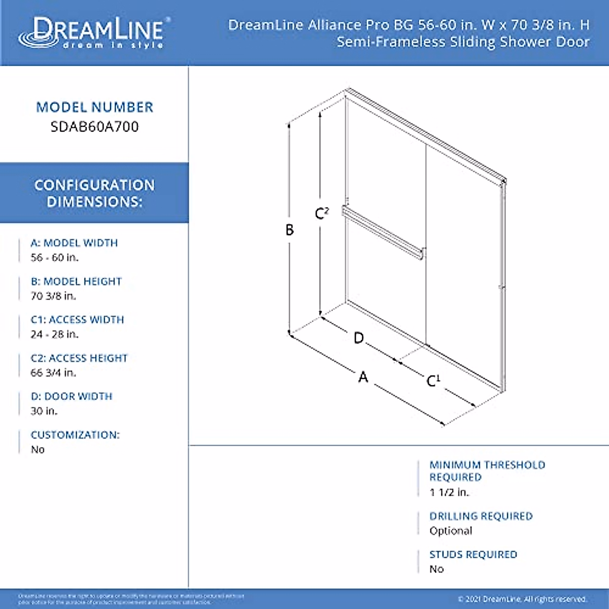 DreamLine Alliance Pro BG 56-60 in. W x 70 3/8 in. H Semi-Frameless Sliding Shower Door in Matte Black and Clear Glass