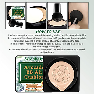 BB Mushroom Air Cushion, Avocado BB/CC Cream, All-Day Lasting Nude Foundation, Even Skin Tone Makeup Base, Easy to Apply, Thin, Moist