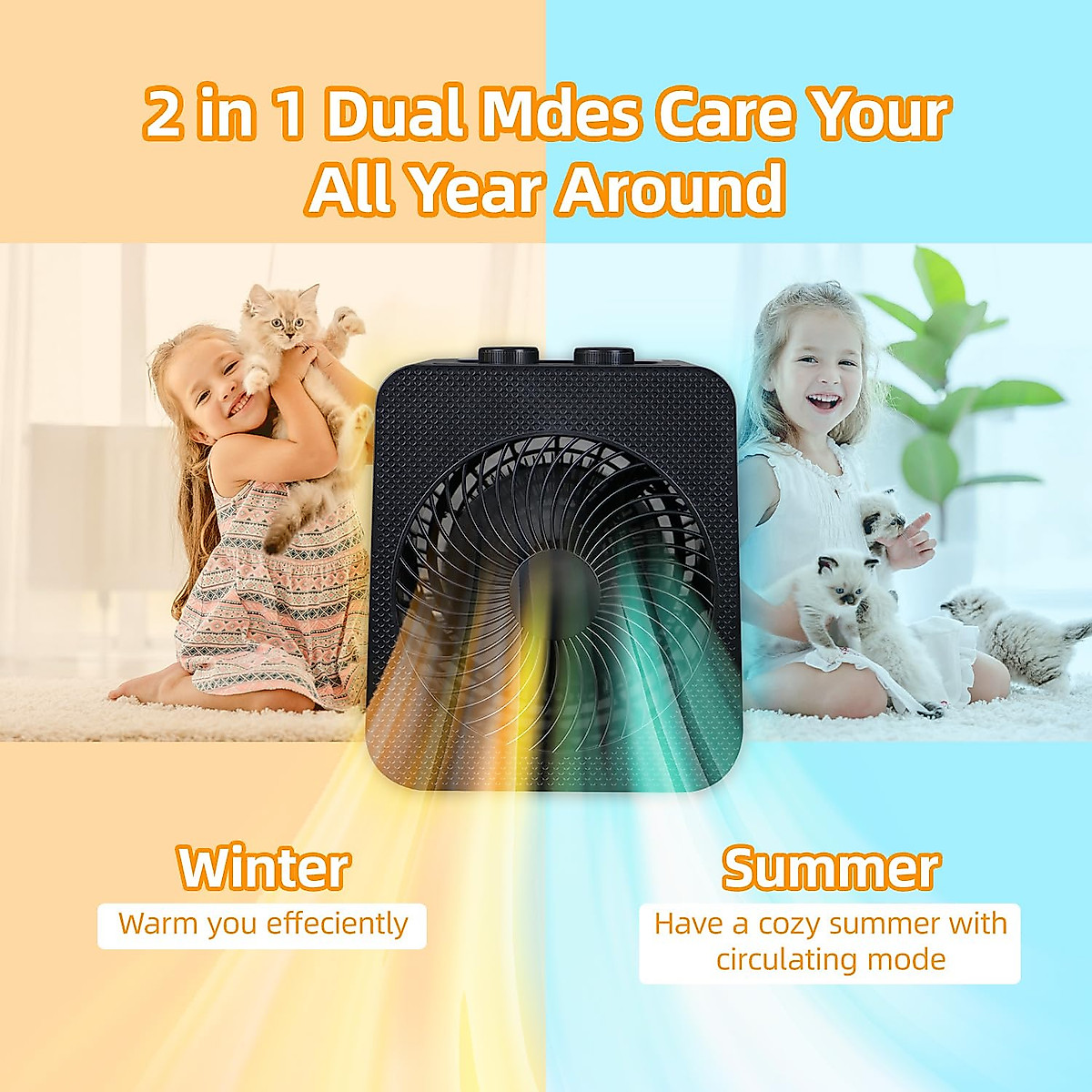 2 in 1 Heater and Fan Combo, 1500W Portable Heaters for Indoor Use with 4 Modes, Tip-over & Overheat Protections, Desk Space Heater and Fan Combo for Office Home Bedroom
