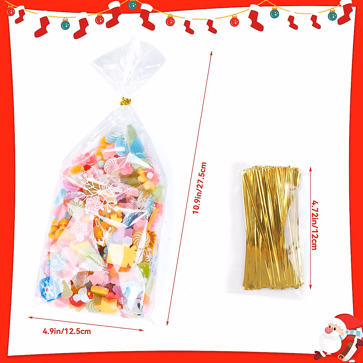 FOPINOA Snowflake Cellophane Bags, 120PCS Clear Christmas Treat Bags Snowflake Goodie Bags with 150 Twist Ties for Christmas Party Supplies