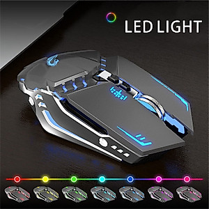 TENMOS T12 Wireless Gaming Mouse Rechargeable, 2.4G Silent Optical Wireless Computer Mice with Changeable LED Light for Laptop PC, 7 Buttons, 3 Adjustable DPI (Grey)