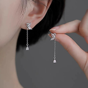 SLUYNZ 925 Sterling Silver CZ Butterfly Dangle Earrings Droplet Chain for Women Teen Girls Pretty Butterfly Drop Earrings Tassel(A-Platinum Plated)