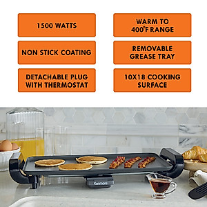 Kenmore Non-Stick Electric Griddle with Removable Drip Tray, Black, 10" x 18" Cooking Surface, Compact Countertop Cooking, Grill, Saute, Fry