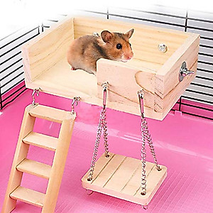 kathson Dwarf Hamster Wood Platform with Ladder Swing Climbing Toys Rat Playground Set Hamster Crawling Cage Accessories for Gerbil Dwarf Rat 5PCS