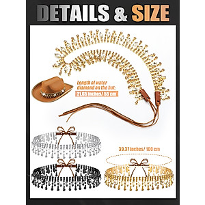 Cutecrop 3 Pcs Rhinestone Fringe Cowboy Hat Band for Men Women Adjustable Hat Belt Bling Western Style Hat Accessories