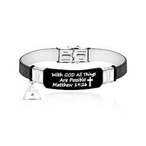 With God All Things Are Possible Cuff Wristband Bible Verse Bracelet Black, Triangle Mountain Mustard Seed Charm Y2154 (Black wrist-Black tag)