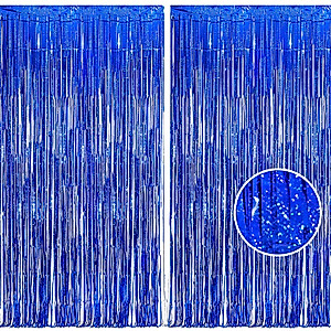 BRAVESHINE Blue Tinsel Foil Fringe Curtains - 2Pcs 3.2x8.2 ft Metallic Holidays Photo Backdrop for Birthdays Homecoming Bachelor Bachelorette Sea Theme Party Decorations
