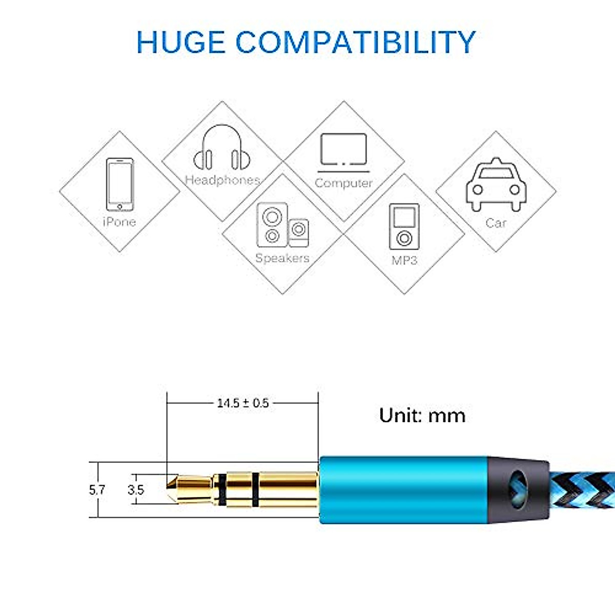 AUX Cord for Car, 6 Pack 3.5mm Auxiliary Audio Cable, Braided Stereo AUX Chords Compatible Headphone Car, iPhone, iPod, iPad, Samsung Galaxy, HTC, LG, Google Pixel, Tablet & More