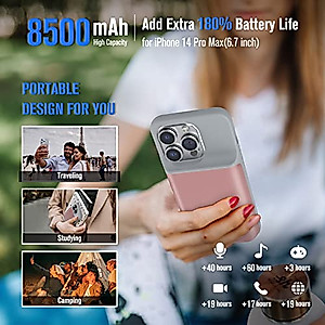 Gladgogo Battery Case for iPhone 14 Pro Max, 8500mAH Portable Protective Battery Charging Case, Rechargeable Extended Battery Charger Case Compatible with iPhone 14 Pro Max (6.7 inch), Pink