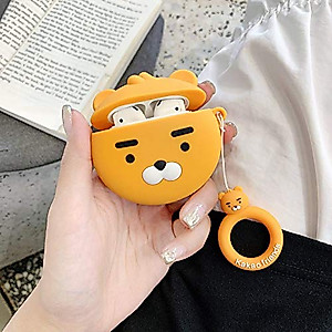 Thick Soft Silicone Lion Case with Finger Strap for Apple Airpods 1 2 Wireless Earbuds Yellow Ryan Head Protective Lovely Fun Girls Kids Son Men Guys Boys