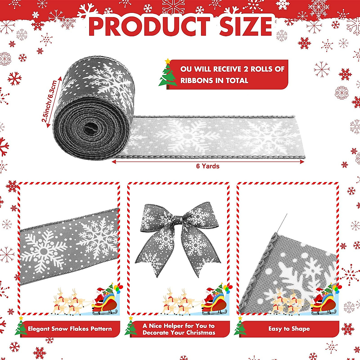 Canlierr 2 Rolls 12 Yard 2.5 Inch Christmas Snowflake Ribbon Christmas Wired Ribbons for Wreath Fabric Polyester Decorative Ribbons Gift Wrapping Ribbon for Christmas Tree Party Decoration(Gray)