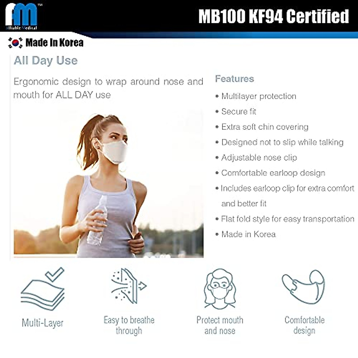 Alliable Medical [10Packs] KF-94 - Face Protective Mask for Adult (White) [Made in Korea] [10 Individually Packaged] Premium KF-94 Certified Face Safety White Dust Mask [English Packing]