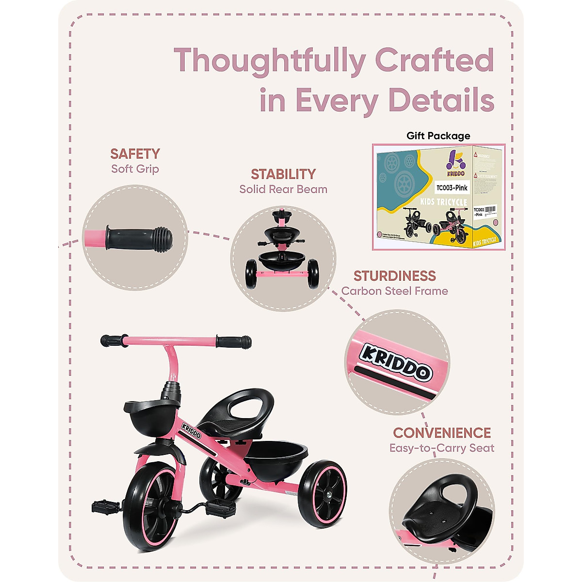 KRIDDO Tricycle for 2-5 Year Olds - Pink Toddler Trike With Gift for 24 Month to 4 Year Old Girls