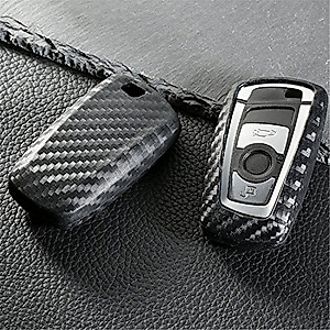 M.JVisun Soft Silicone Rubber Carbon Fiber Texture Cover Protector for BMW Key Fob, Car Remote Key Fob Case for BMW 1-Series 2 3 4 5 6 7 Series X3 X4 M2 M3 M4 M5 M6 - Black - Round Keychain