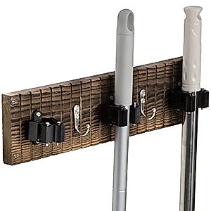 MyGift Wall Mounted Rustic Solid Burnt Wood Mop and Broom Holder Rack with Roller Clips and Vintage Brass Metal Hooks, Utility Room Organizer Storage Cleaning Tool Rack
