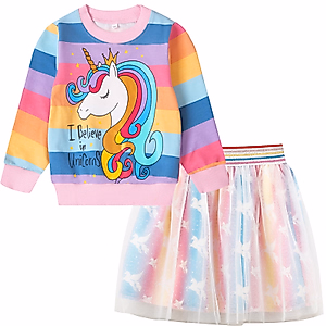 Kids Girls 2 Piece Valentine's Day Outfits Ruffle Sleeve Sweatshirts Tulle Sequins Skirt Dresses Clothes Toddler Heart Print Shirt Tutu Set 8t