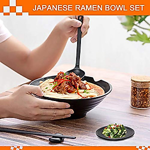 Vivimee Unbreakable Japanese Style Ramen Bowl Set of 2, 37oz Black Large Ramen Bowls and Spoons Set with Chopsticks & Saucers for Pho Thai Miso Udon Soup Noodles or Asian Food, Matte Melamine Bowls