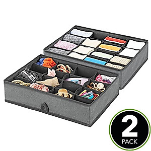 mDesign Soft Fabric Dresser Drawer and Closet Storage Organizer Tray - 16 Sections for Lingerie, Bras, Socks, Leggings, Underwear, Jewelry, Scarves - Textured Print, 2 Pack - Charcoal Gray/Black