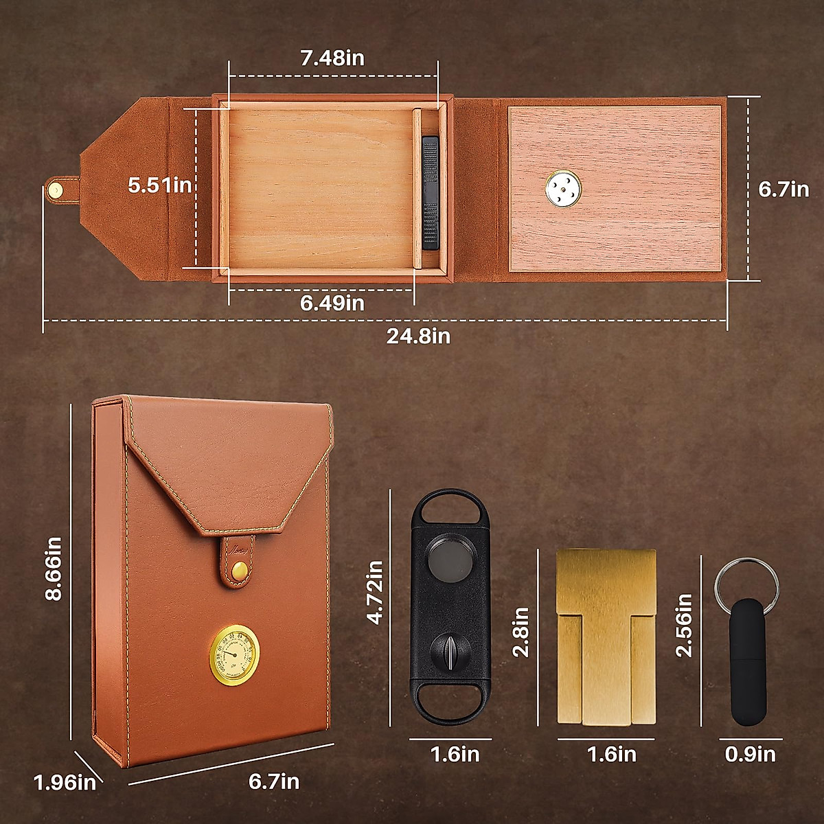 Premium Leather Cigar Humidor Set - Cedar Wood Liner, with Gold Cigar Holder, Embedded Gold Hygrometer, V Cigar Cutter & Punch, Humidifier, Precious Travel Cigar Case for Birthday Gift, Festival