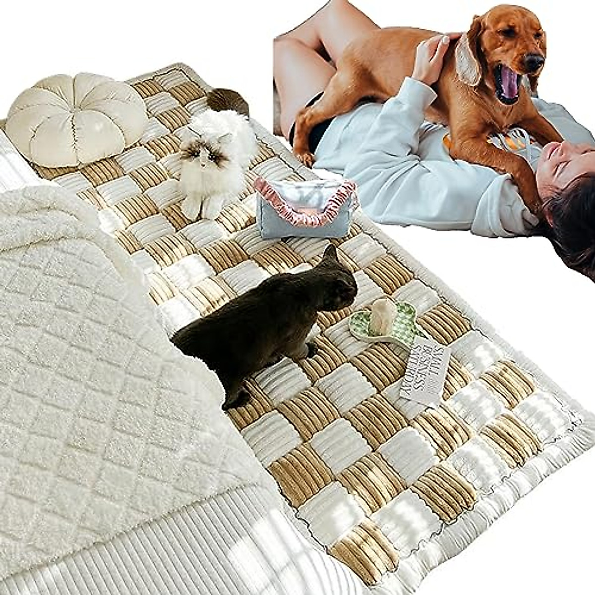TTEDMO Cream-Coloured Large Plaid Square Pet Mat Bed Cover, Dog Sofa Couch (Light Brown,19.6x19.6 in)
