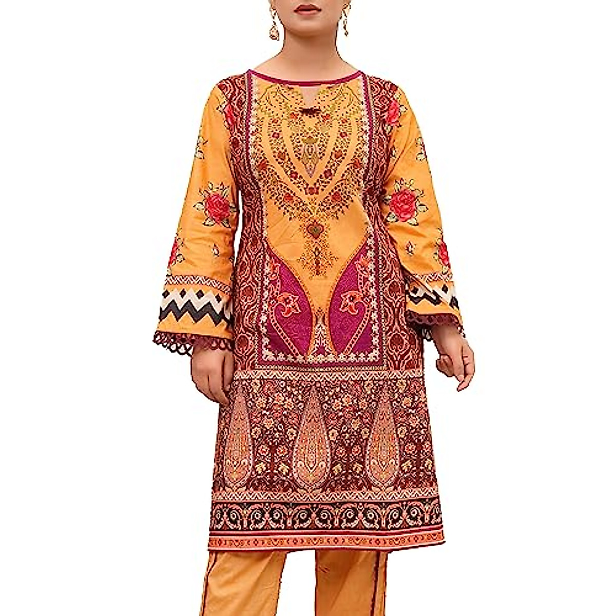 IshDeena Indian Kurtis for Women Indian Style Kurta Tops Pakistani Kurtis for Women Pure Cotton Digital Printed Long Shirts (Large/Mustard & Purple)