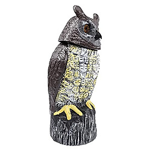 Rural365 Owl Decoy Bird Deterrent - Artificial Solar Powered Fake Owl with Rotating Head, Flashing Eyes, and Bird Sounds
