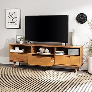 Walker Edison Millie Mid Century Modern 3 Drawer Solid Wood Low Stand for TVs up to 80 Inches, 70 Inch, Caramel