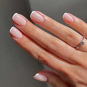 Qsnidy Press on Nails Square - White French Pink Fake Nails Medium Glossy Acrylic Full Cover Glue on Nails for Women and Girls, Natural Fit Stick On Nails in 12 Sizes - 24 Nails Kit