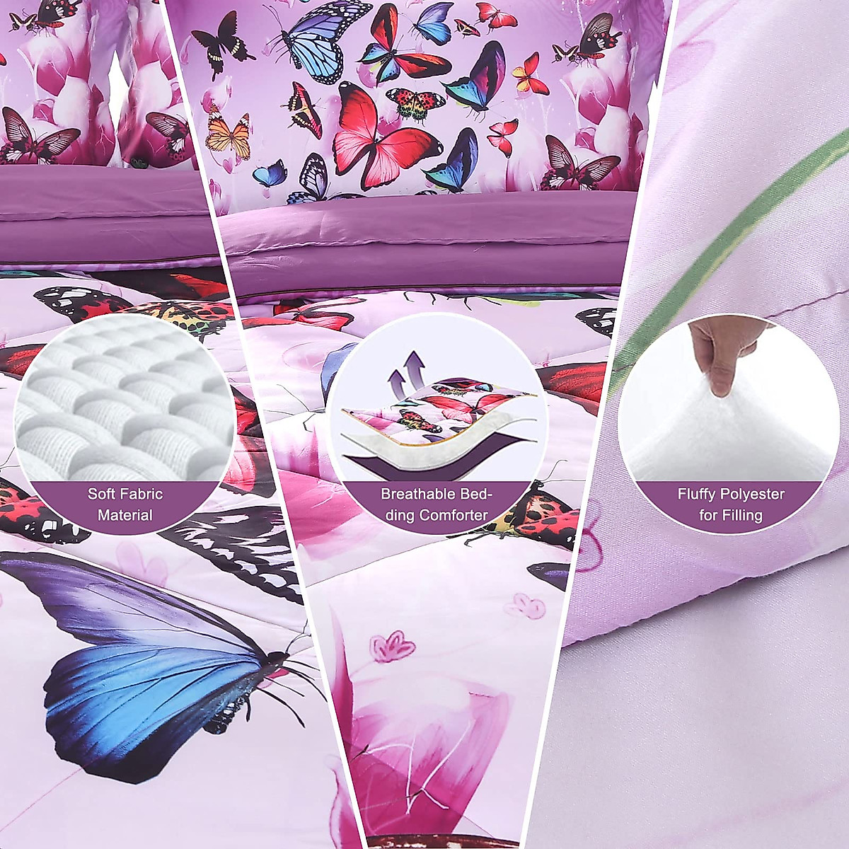 ENCOFT Purple Butterfly Comforter Sets Full Size 3 Pieces, Girls Teen Kids Quilted Bedspread Comforter Bedding Sets, Butterfly Bedding Sets Full