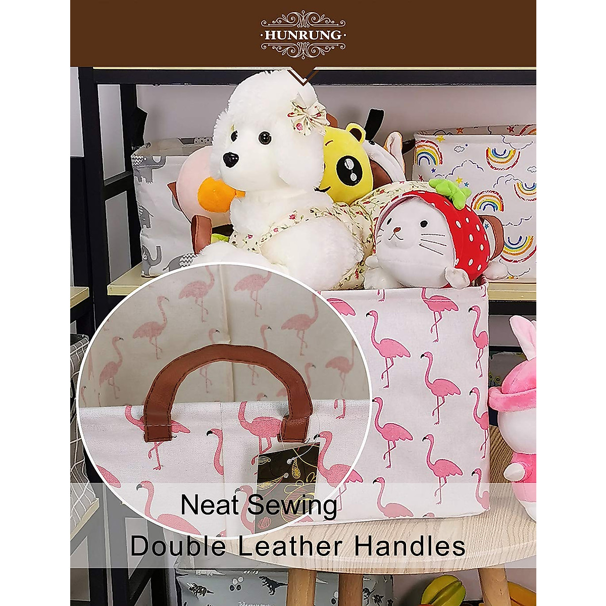 HUNRUNG Square Storage Bins Nursery Hamper Canvas Laundry Basket Foldable with Waterproof Nursery Boxes for Shelves/Gift Baskets/Toy Organizer/Office, Bedroom (Square-Pink Flamingos)