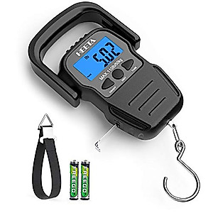 HEETA Fish Scale with Backlit LCD Display, Up to 110lb/50kg Digital Portable Hanging Fish Weight Scale with Hook & Measuring Tape for Home, Farm, Outdoor, Hunting, Fishing, 2 AAA Batteries Included