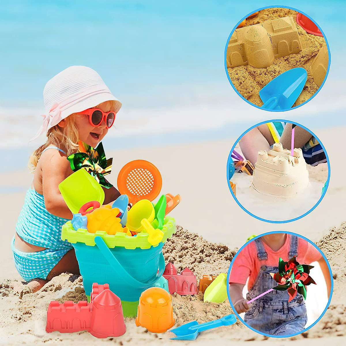 AMOR Present Beach Toys Set 31PCS, Foldable Bucket for Kids Sand Toys, Beach Pails and Collapsible Beach Toys with Castle and Sand Molds for Toddlers