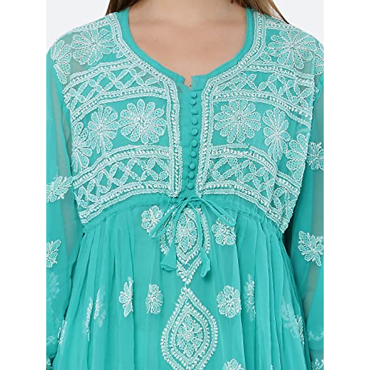 FAWOMENT Women's Lucknowi Chikan Embroidery Exclusive Panel Gown alongwith Kurti (S, Aqua Green)
