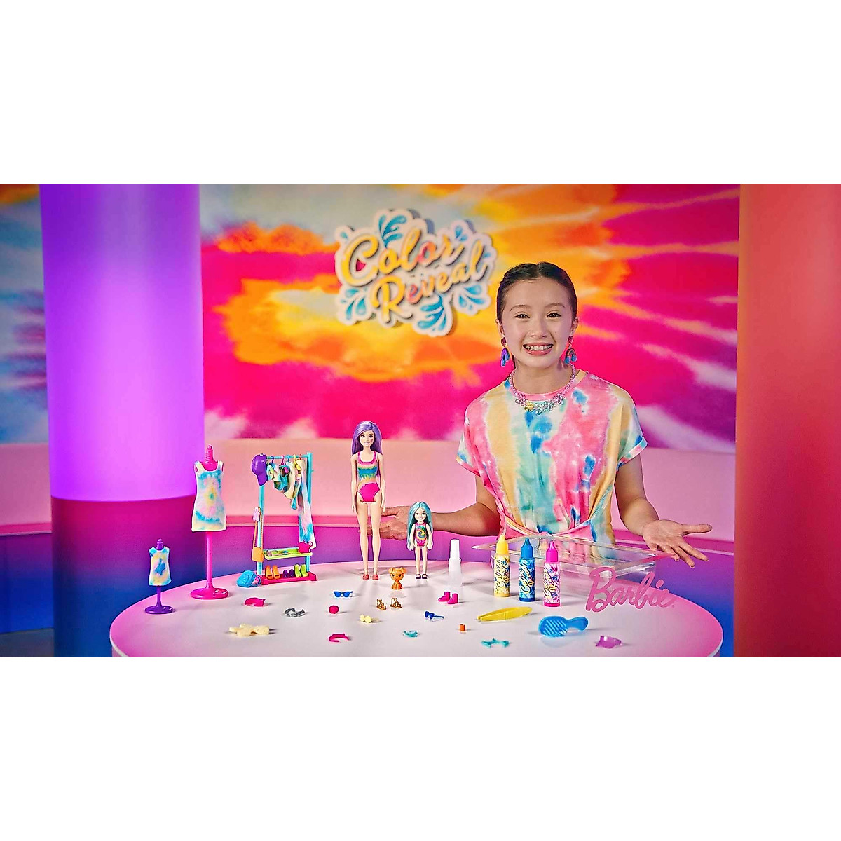 Barbie Color Reveal Toy Set, Tie-Dye Fashion Maker with Barbie & Chelsea Dolls & Accesssories, 50 Surprises Including Pets
