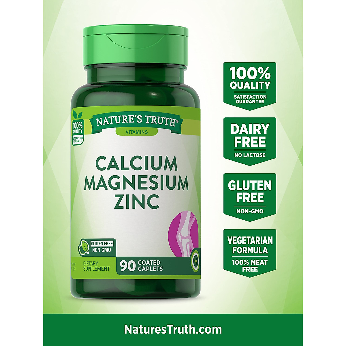 Calcium Magnesium Zinc Supplement | 90 Caplets | Non-GMO and Gluten Free | by Nature's Truth