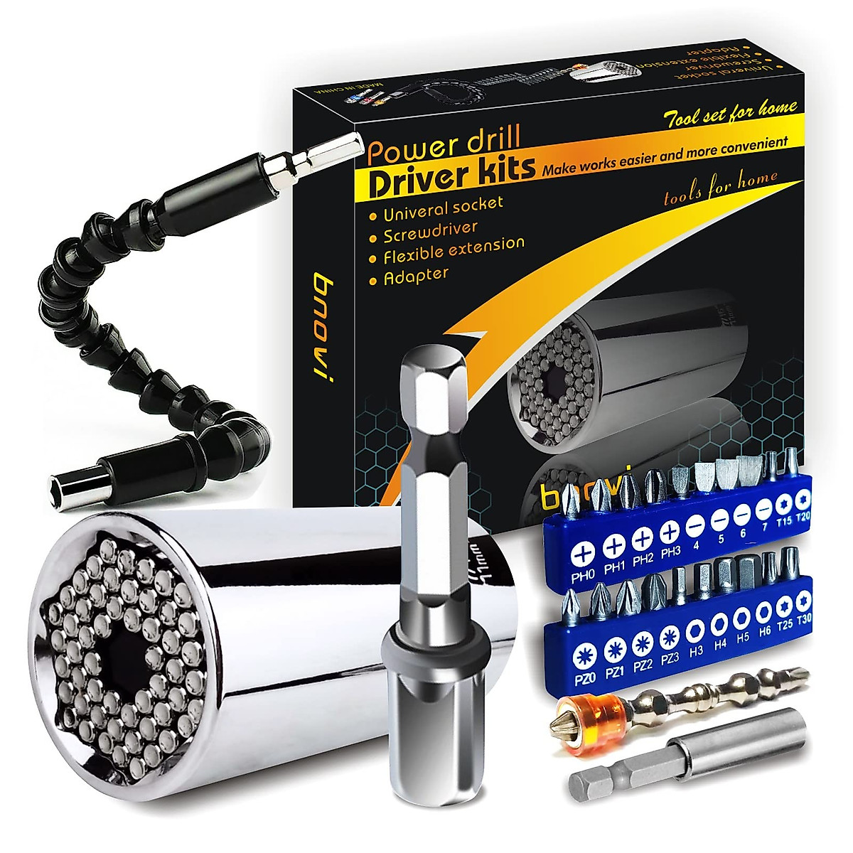 Home DIY tools Universal Socket Wrench Auto Adjustable Size(7-19mm) with Strong Magnetic Screw Driver and Bendable Extension Cable for Corner Driving Screw Gifts for man Christmas