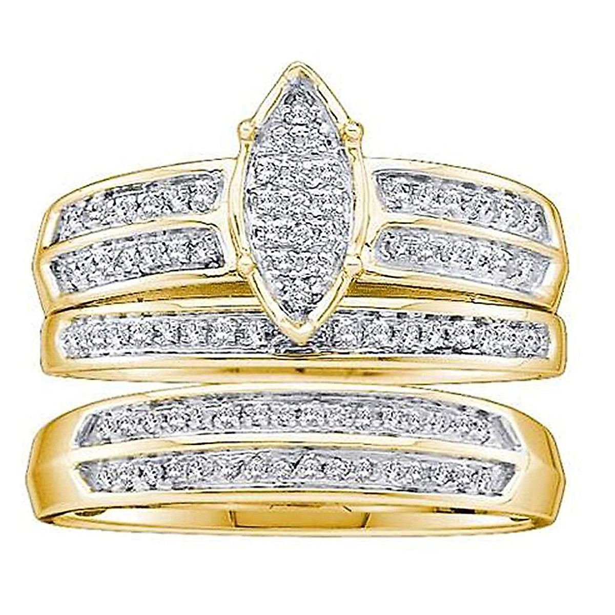 Dazzlingrock Collection 0.25 Carat Round White Diamond Marquise Trio Ring Set in 14K Yellow Gold, Women Size 5.5 and Men Size 12.5