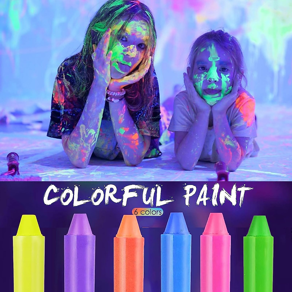 Glow in The Black Light UV Face Paint Crayon, Black Light Neon Face & Body Paint Non Toxic Fluorescent Mardi Gras Halloween Makeup Marker for Kids