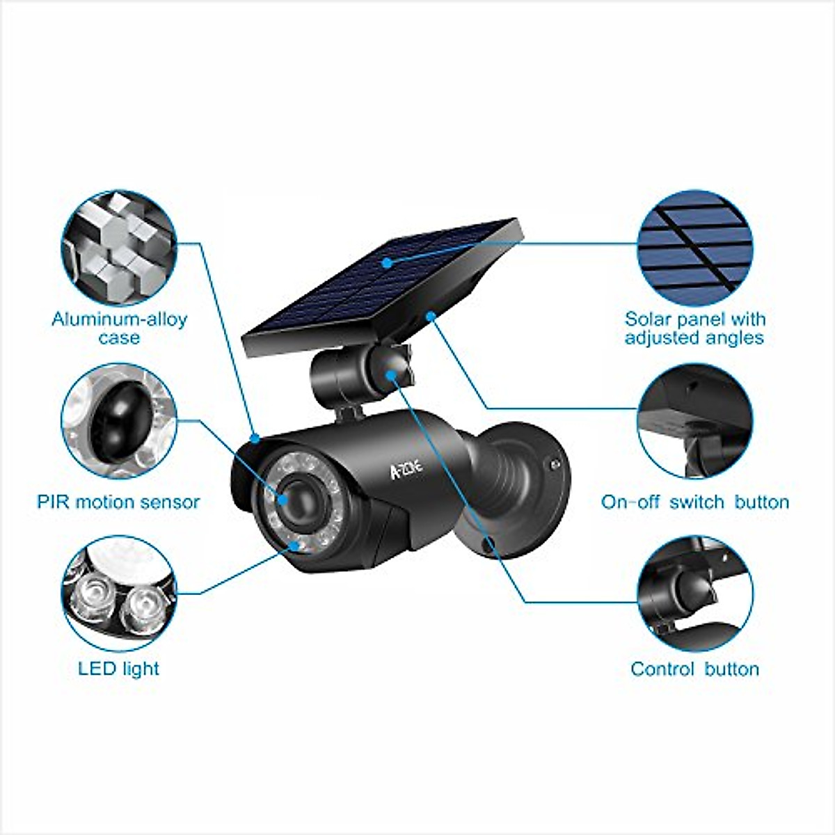 A-ZONE Solar Motion Sensor Light Outdoor - 800Lumens 8 LED Spotlight 5-Watt Solar Lights Outdoor IP66 Waterproof, Wireless Solar Flood Light for Porch Garden Patio Driveway Pathway,Aluminum(Black)