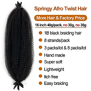 Marley Twist Braiding Hair 16 Inch Springy Afro Twist Hair 3 Packs Kinky Twist Hair for Braiding 1B Black Spring Twist Hair Curly Braiding Hair Extension for Black Women