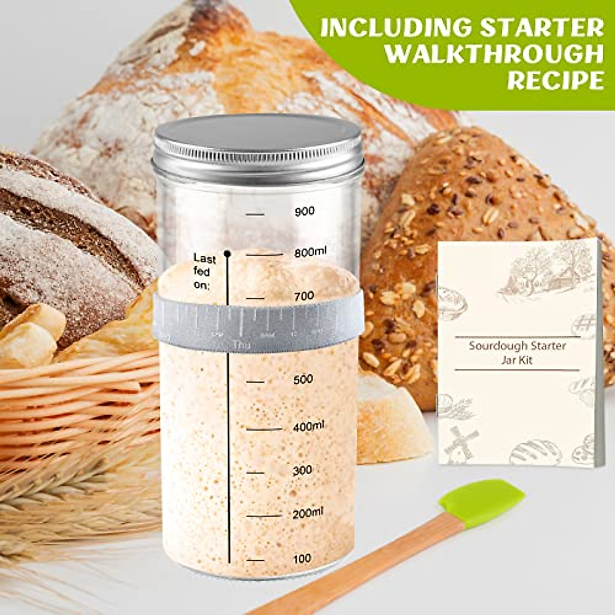 WAVEWISE 1000ML Sourdough Starter Jar Wide Mouth with Thermometer Strip, Scraper, Cloth Cover, Aluminum Lid and Date Marked Feeding Band, 35 Oz Sourdough Starter Jar Kit for Sourdough Bread Baking