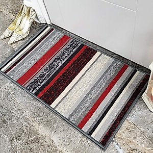 Indoor Doormat Rubber Backed,30 inch x 18 in, Red Gray Striped, Non Slip, Kitchen Rugs and Mats