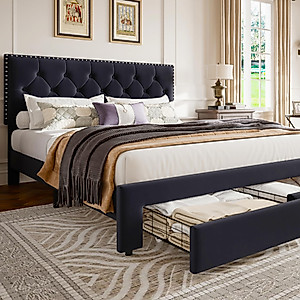 GarveeHome Upholstered Queen Bed Frame with 2 Storage Drawers, Velvet Platform Bed Frame with Button Tufted Rivets Headboard, Heavy Duty, No Box Spring Needed, Easy Assembly, Black