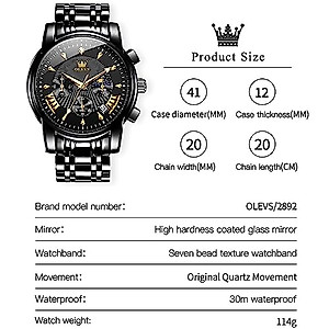 OLEVS Black Watches for Men Chronograph Stainless Steel Mens Watches Big Face Classic Luxury Men's Wrist Watches with Date Waterproof Dress Male Watches, Relojes para Hombres