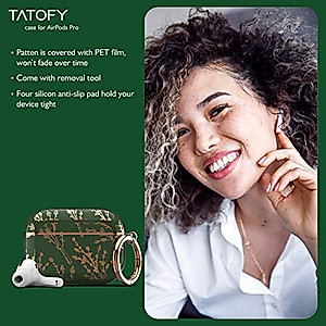 TATOFY Case Cover for AirPods Pro 2019,Stylish AirPods Pro Case for Women Girls, Flower Patterns Protective Hard Case with Clip （Golden Green）