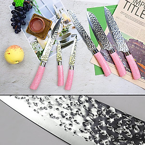 Kitchen Knives Set, High Carbon Stainless Steel Knife Set 7PCS, Super Sharp Cutlery Knife Set with Clear Acrylic Stand, Knife Block Set (Pink)